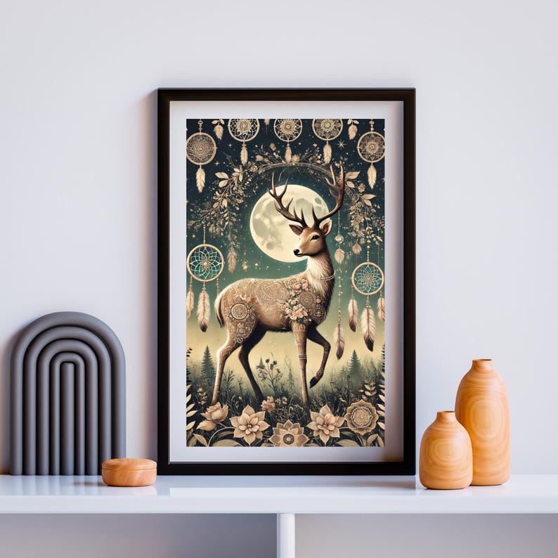 Boho Deer Printable Wall Art: Mandala Dreamcatcher Antlers (digital ...