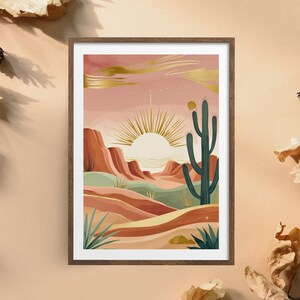 Boho Desert Landscape Art Print: Gold Accents, Earth Tones (digital ...