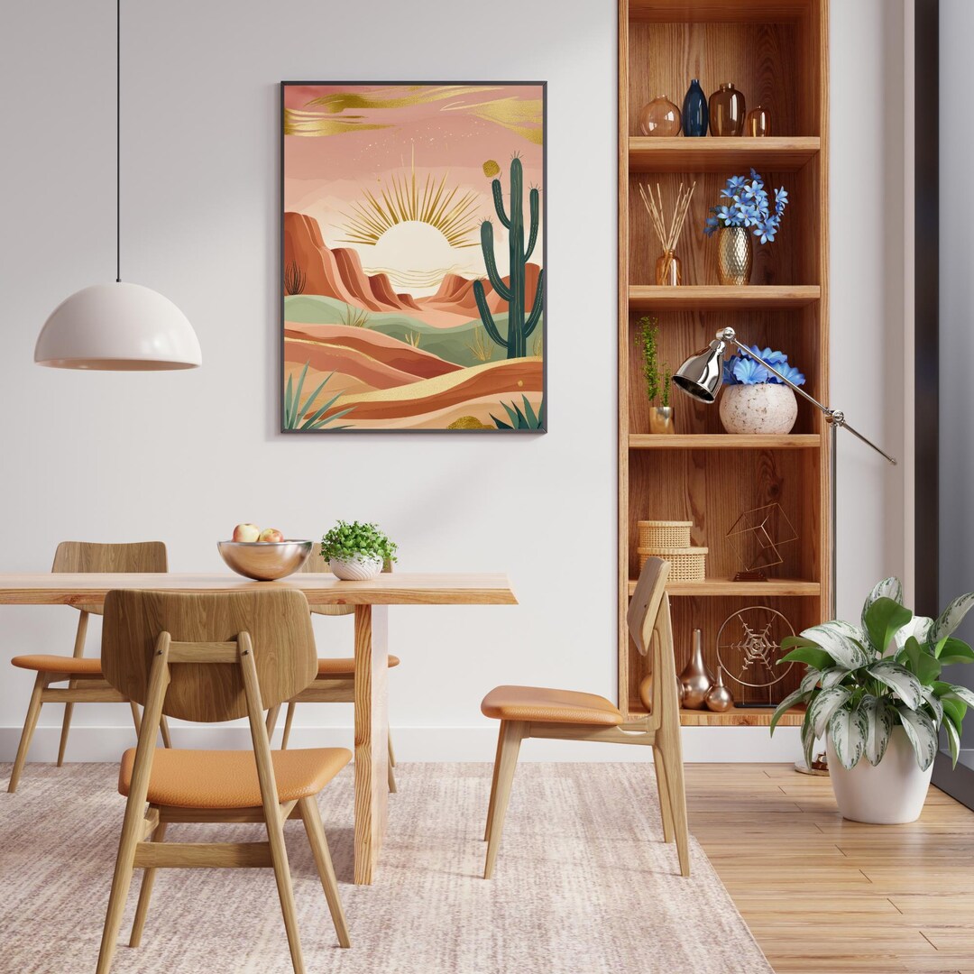 Boho Desert Landscape Art Print: Gold Accents, Earth Tones (digital ...
