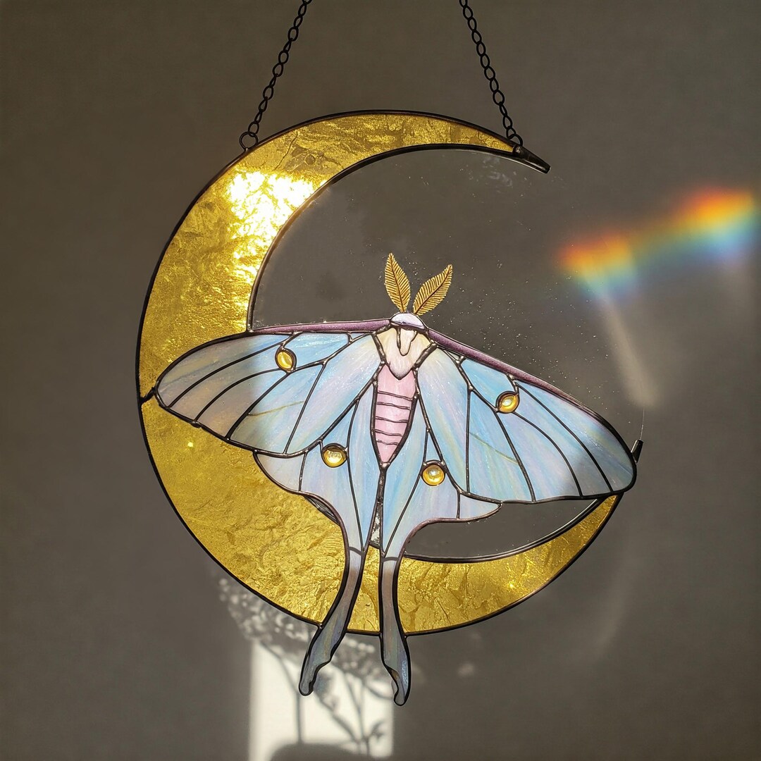 Luna Moth Stained Glass Suncatcher With Crescent Moon, Magical ...