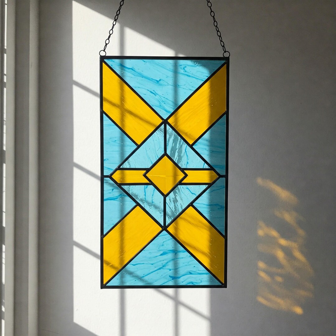 Geometric Stained Glass, Blue Yellow Abstract PDF Pattern Stained Glass ...