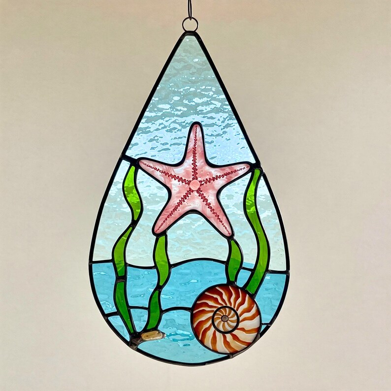 Beach Starfish Stained Glass Teardrop Pattern, Shell Seaweed Suncatcher ...