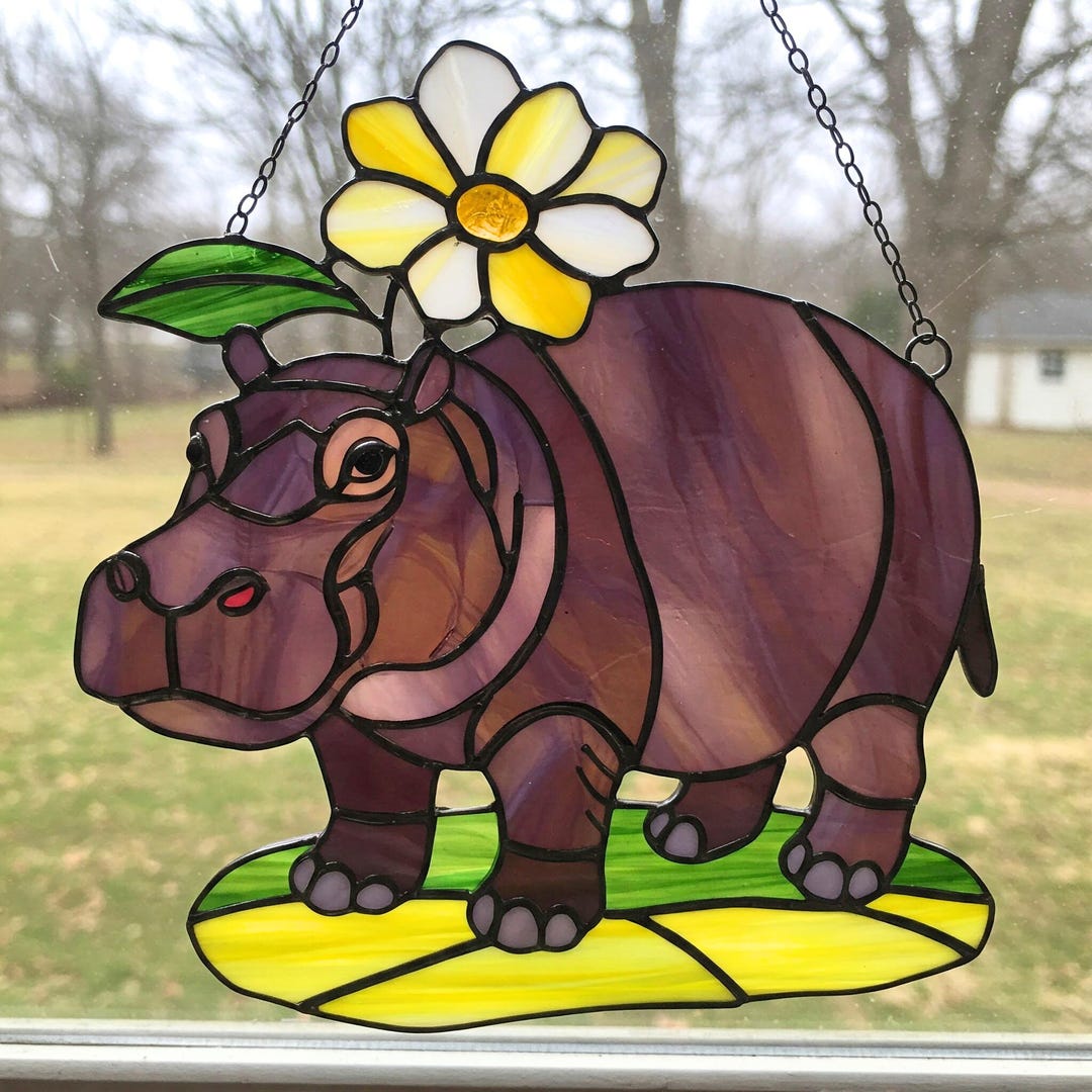 Hippo Stained Glass Pattern: Yellow Flower Suncatcher (PDF Download, 6. ...