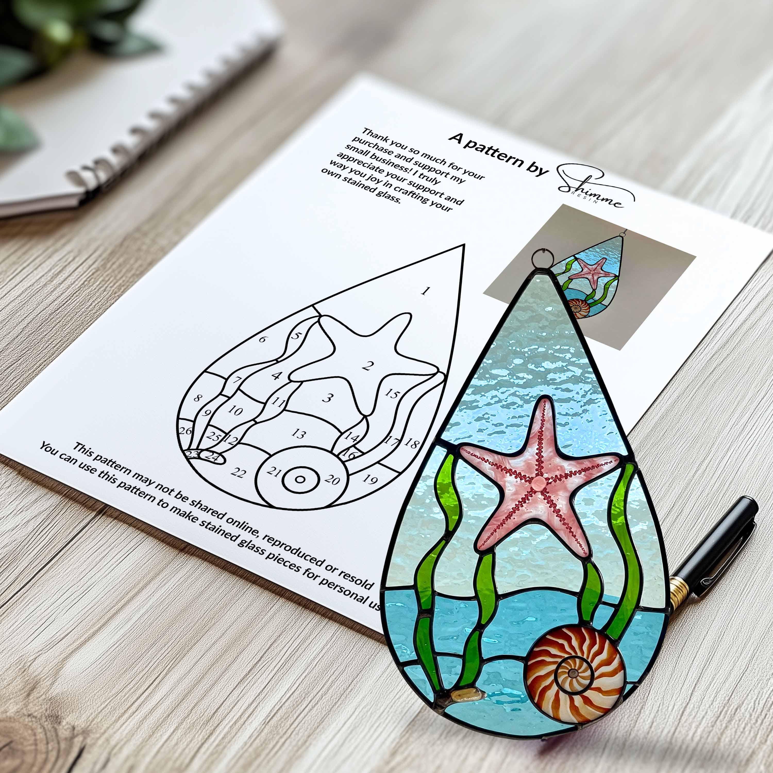 Beach Starfish Stained Glass Teardrop Pattern, Shell Seaweed Suncatcher ...