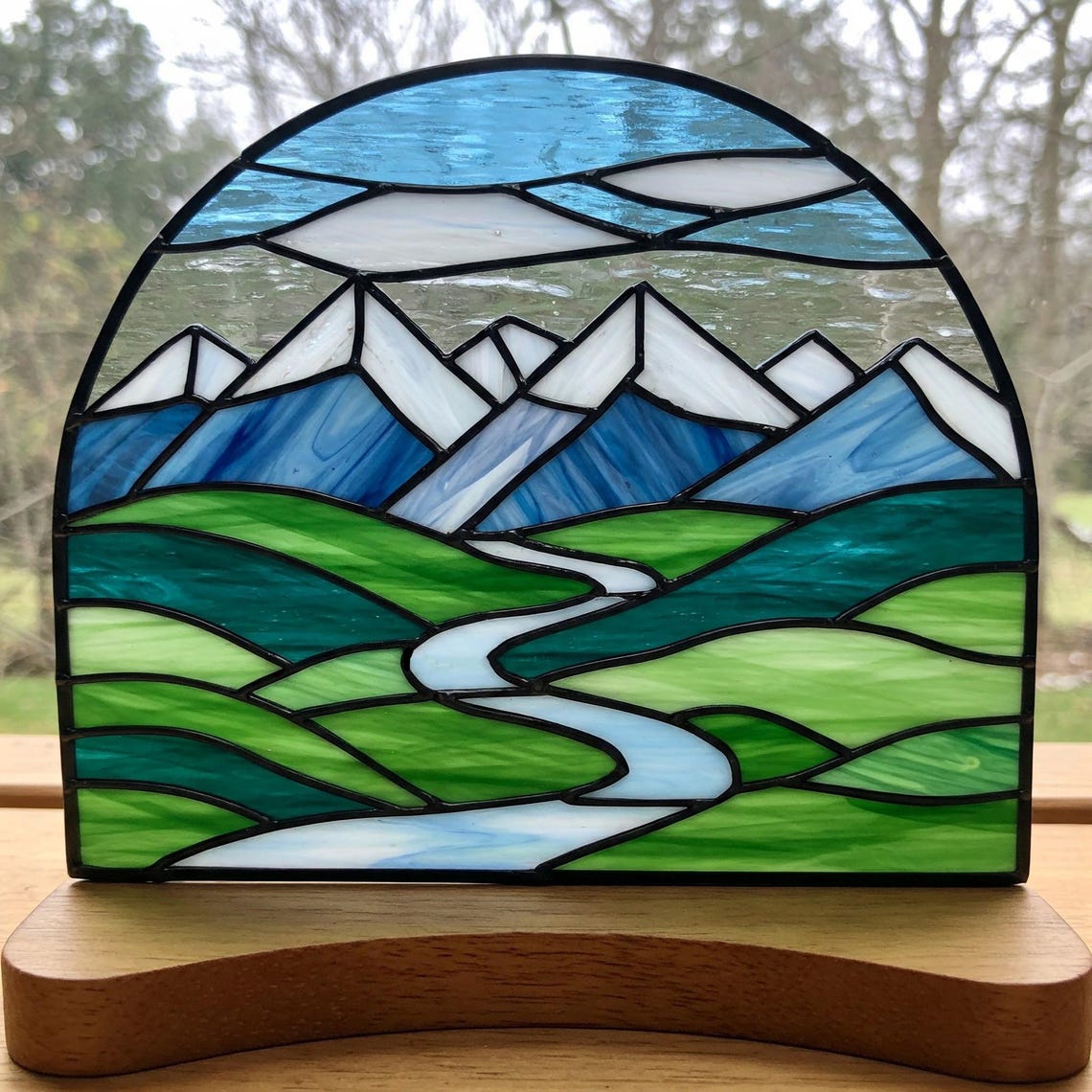 Mountain River Stained Glass Pattern, Landscape Suncatcher Stained ...