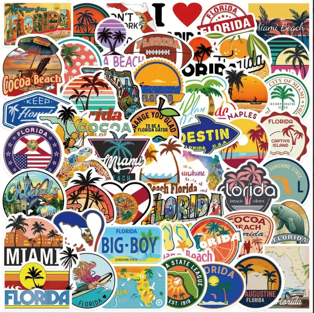 Florida Sticker Set of 50, Florida Cities, Beach, Tropical Waterproof ...