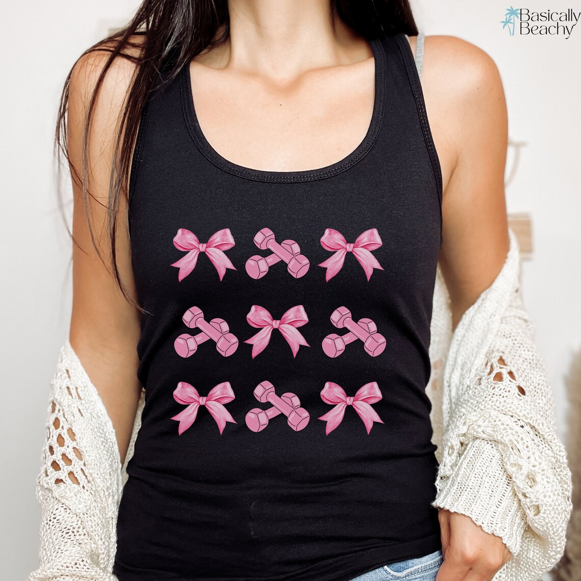 Coquette Pink Dumbbell Pink Bow Workout Tank Top for Women, Coquette ...