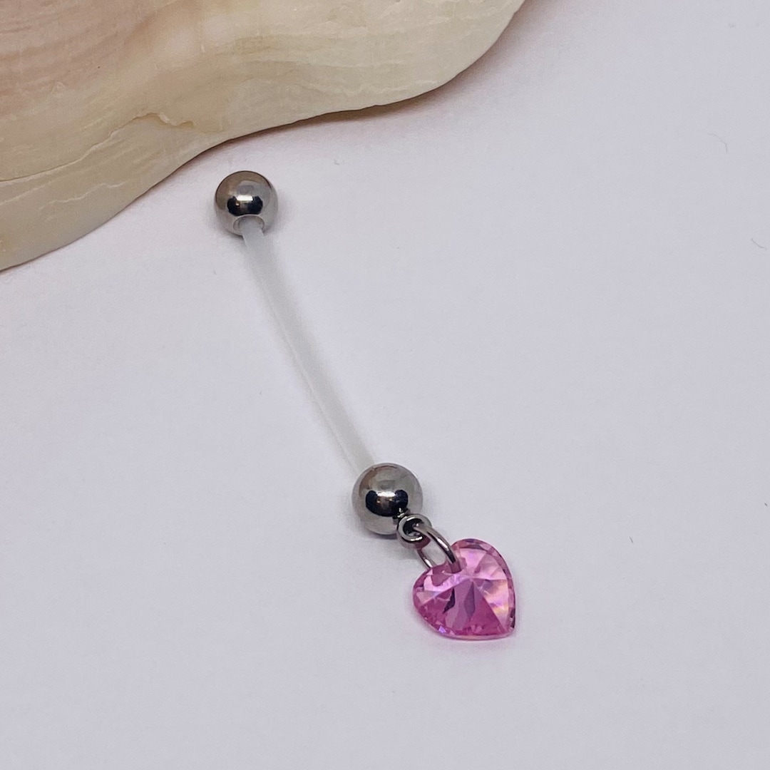 Pregnancy Belly Button Ring Pink Crystal Heart Dangle Long Maternity ...