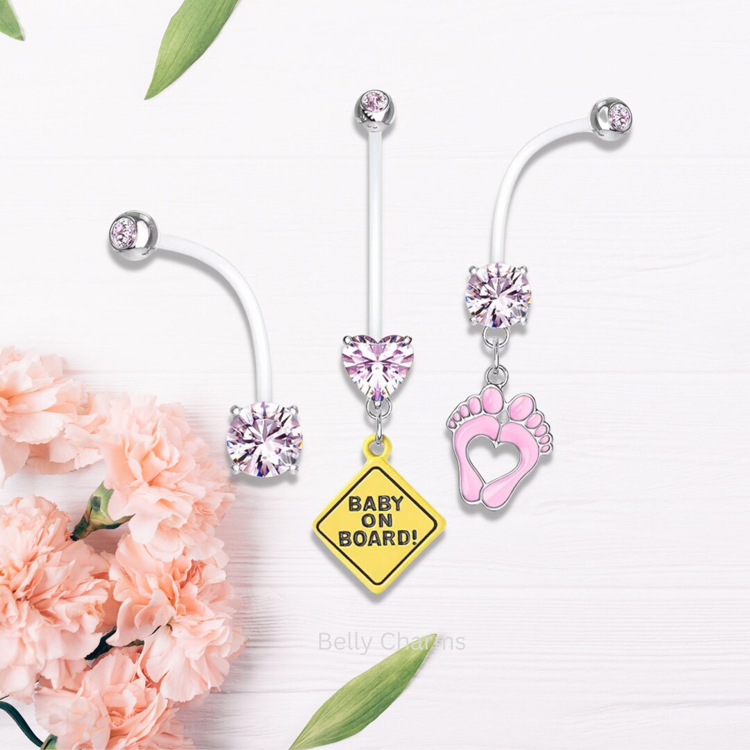 Pregnancy Belly Button Ring Baby on Board Sign, Baby Feet, Pink Crystal ...