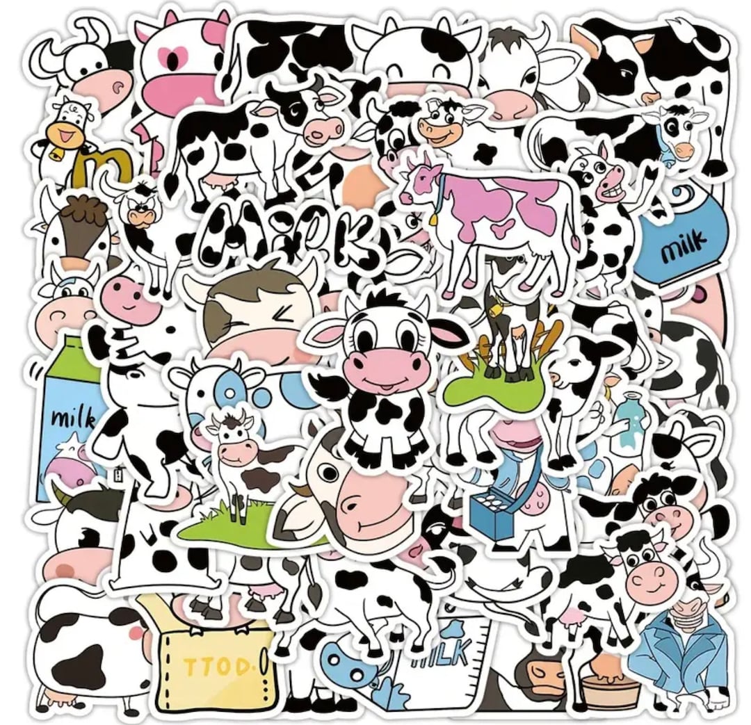 Cow Sticker Set of 30 or 60 Waterproof Black and White Cow Vinyl ...