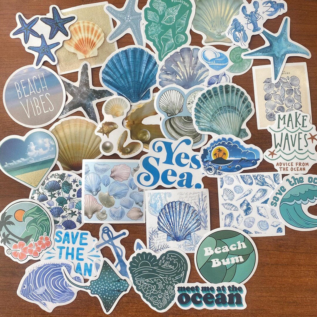 Seashell Starfish Ocean Beach Blue Waterproof Sticker Set of 35 ...
