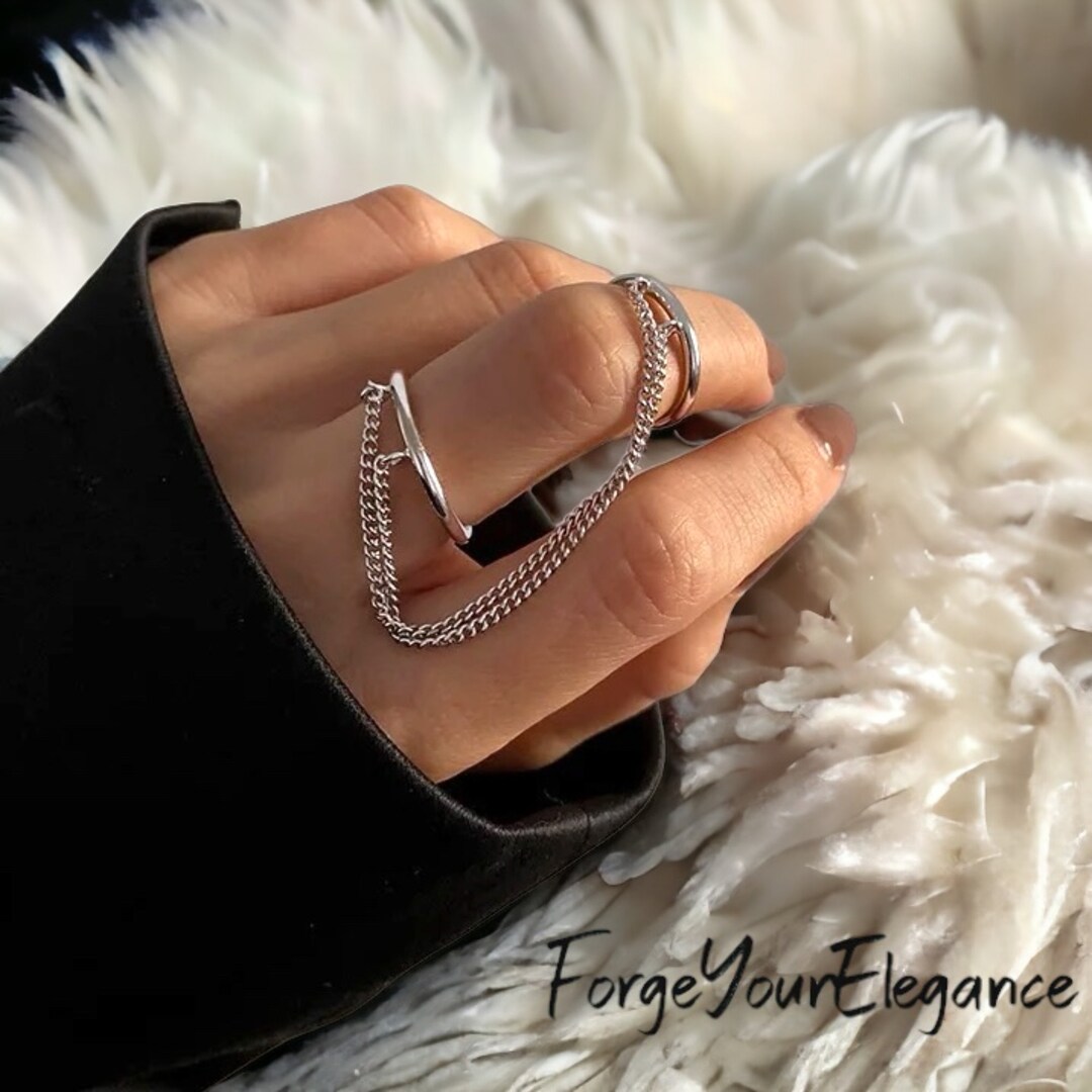 Silver/gold Double Chain Link Rings Connecting Layered Finger Chains ...