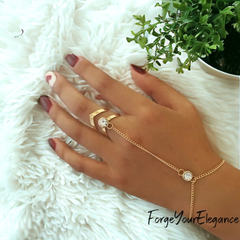 Delicate Double Ring Hand Chain With Gems Adjustable Hand Chain and ...