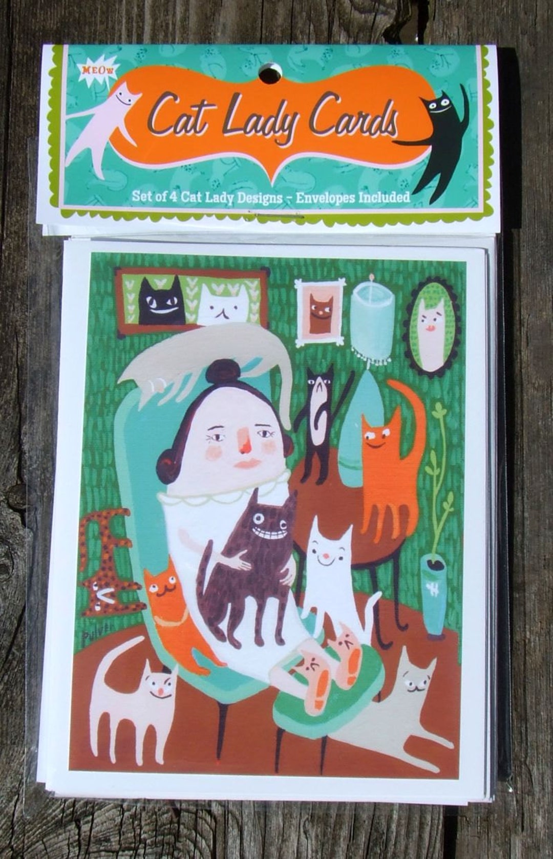 Cat Lady Card Set - 4 Funny Whimsical Art Note Cards - Etsy