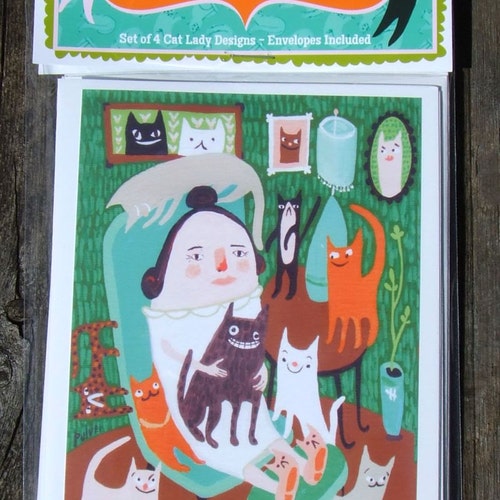 Cat Lady in Yard Card Funny Whimsical Art Note Card Any - Etsy