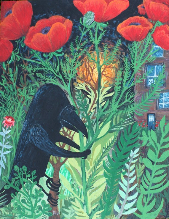 Crow & Poppies Print Raven Black Bird Art by Sara Pulver | Etsy
