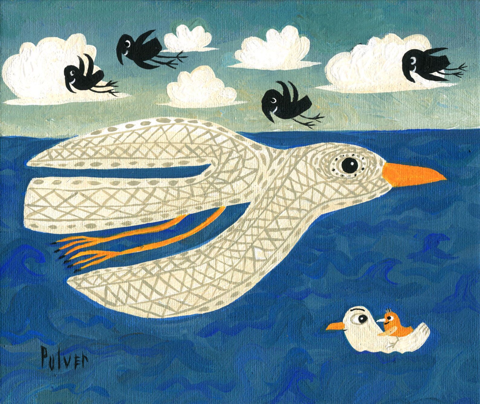Seagull Art Painting Original Gull Flying Over Ocean or Lake Folk Art ...