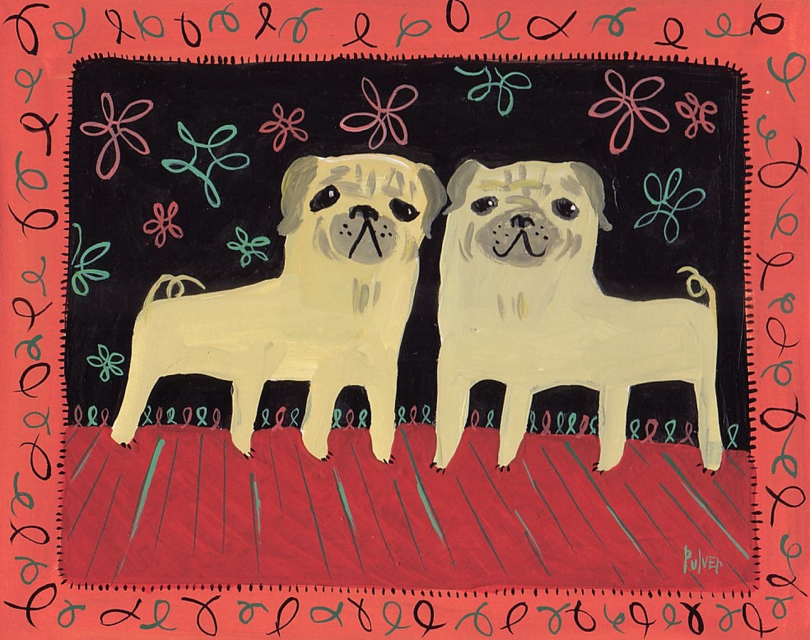 2 Pugs ACEO Art Trading Card Mini Print Folk Art Animal - Etsy