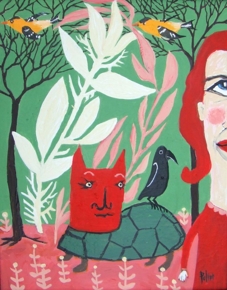 Framed Outsider Art Painting - Red Cat Head Turtle and Crow - 'people ...
