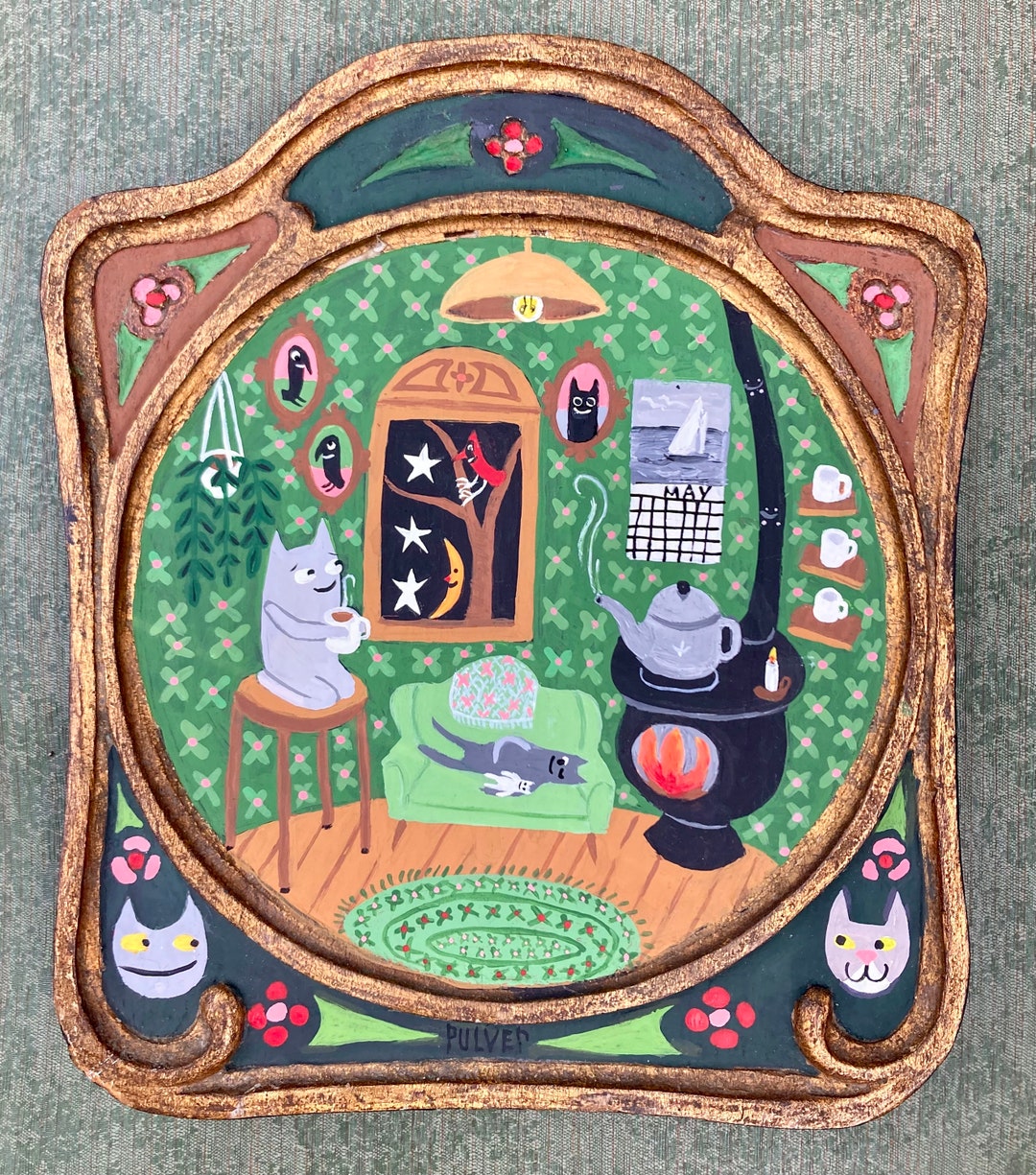 Cat Painting - Original Cat Folk Art on Vintage Plaque- Cozy Hygge ...