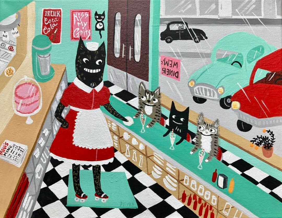 50's Diner With Cats and Kittens Note Card - Black Cat Waitress Folk ...