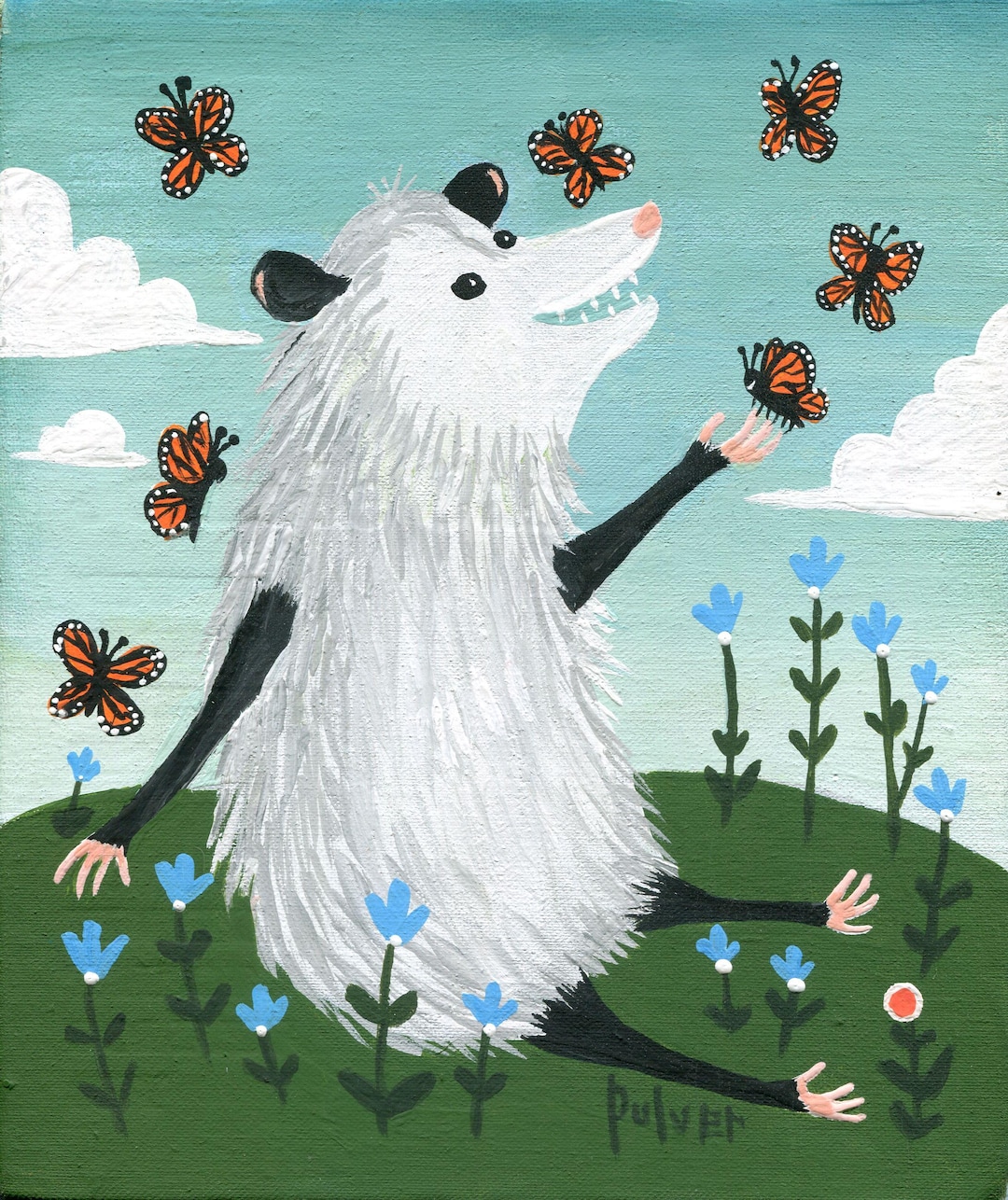 Opossum and Monarch Butterfly Art Print - Possum Butterfly Folk Art by ...