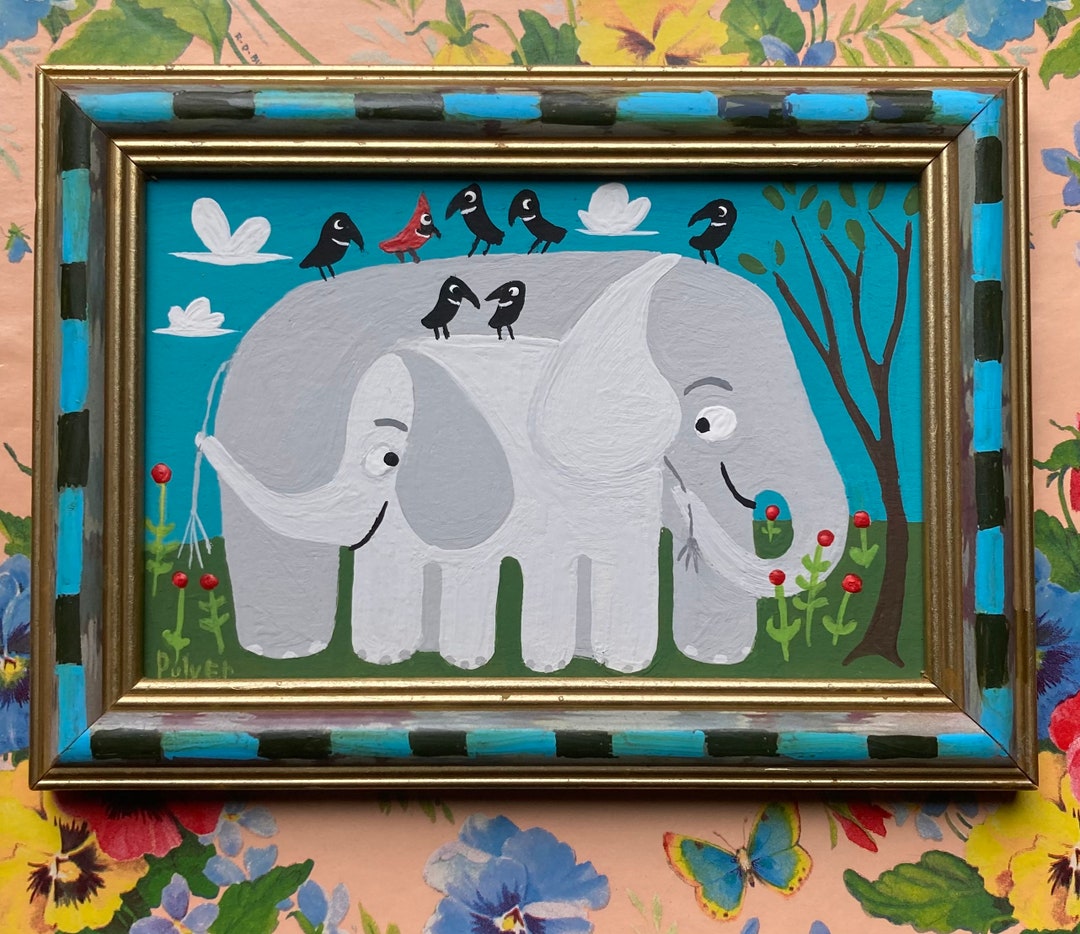 Elephants, Crows and a Cardinal Painting - Framed Original Mama & Baby ...