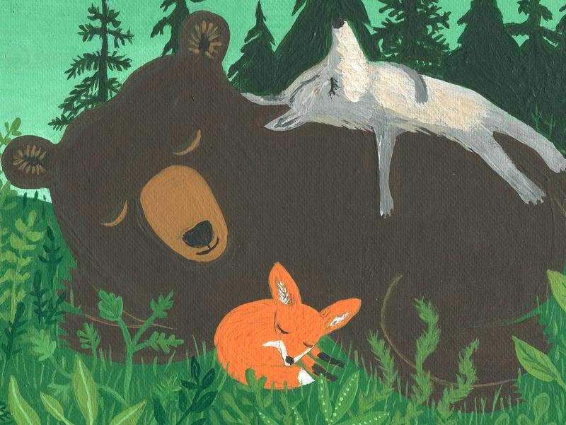 Bear, Fox and Wolf Art Print - Whimsical Outsider Forest Folk Artwork ...