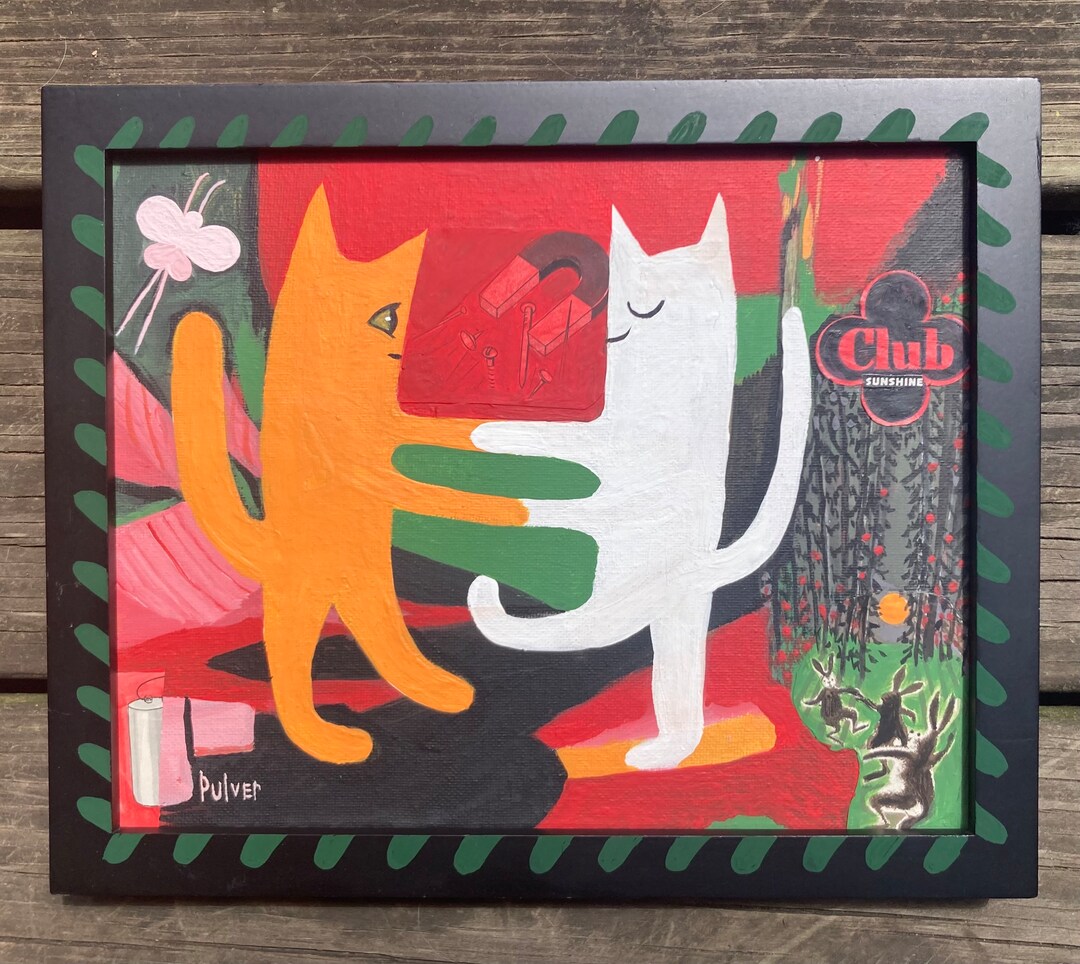 Dancing Cat Painting - Framed Original Club Sunshine Folk Art by Sara ...