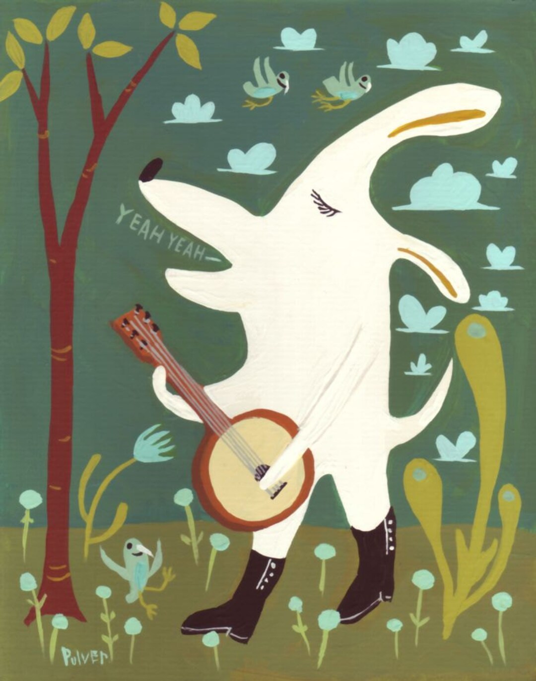 White Dog Playing Banjo Art Print - Whimsical Americana Folk Bluegrass ...