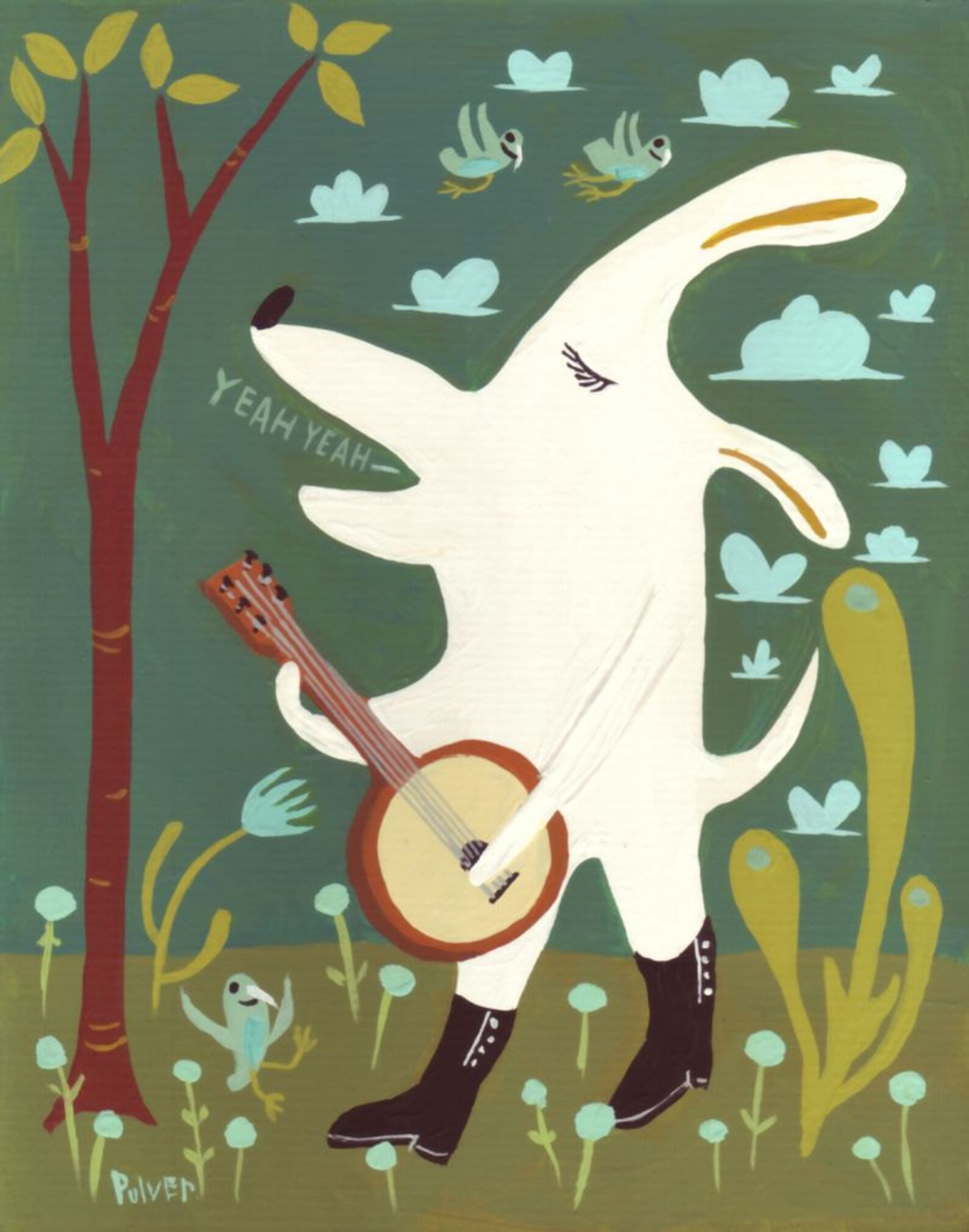 White Dog Playing Banjo Art Print Whimsical Americana Folk - Etsy