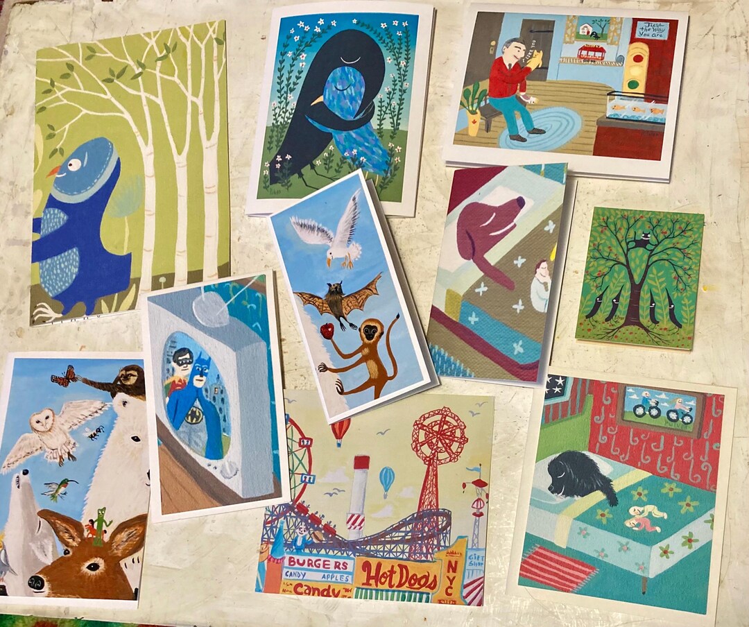 10 Animal Note Cards - Fun Folk Art Greeting or Gift Cards - Assorted ...