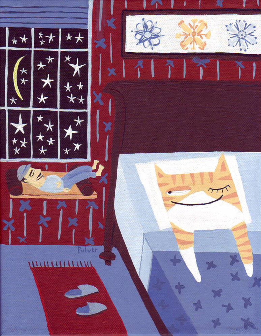 Whimsical Cat Art Print - Sleeping in Bed - Fun Artwork Bedroom Wall ...