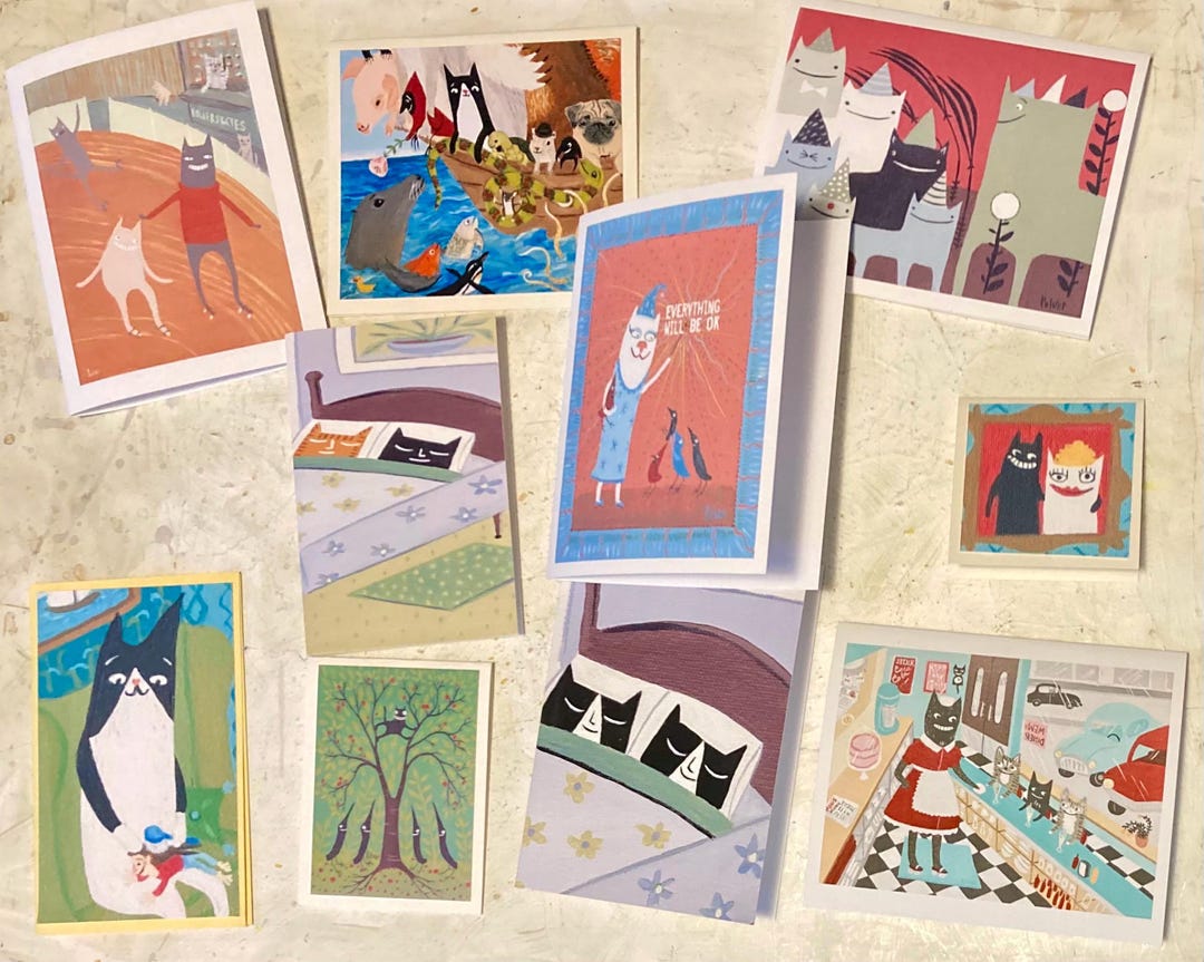 10 Cat Note Cards - Fun Folk Art Greeting or Gift Cards - Assorted ...