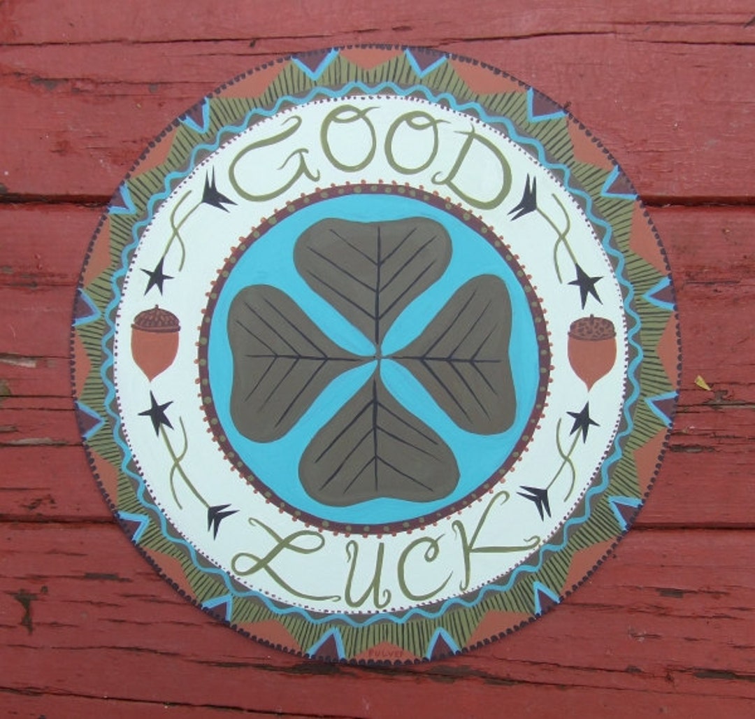 Good Luck Art Painting Round Lucky Mandala or Hex Sign Four Leaf Clover ...