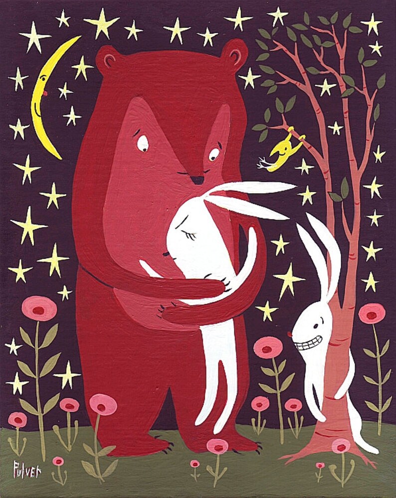 Bear Hugs Rabbit ACEO Woodland Art Print Whimsical and Sweet - Etsy