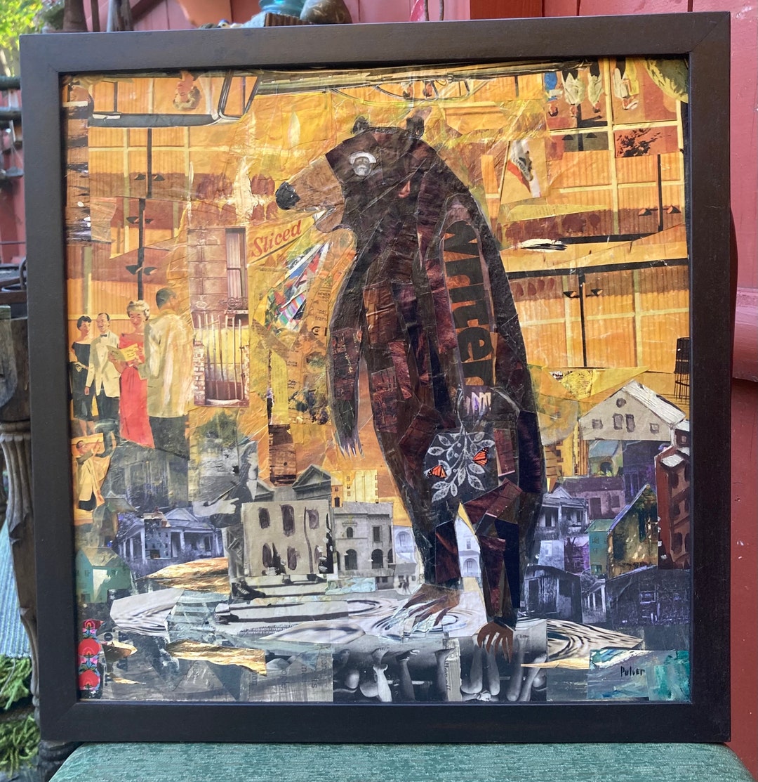 Bear in City Art Collage Painting Framed Original Outsider Folk Art by ...