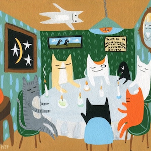 Cat and Crow Seance Art Print - Whimsical and Funny Outsider Folk ...