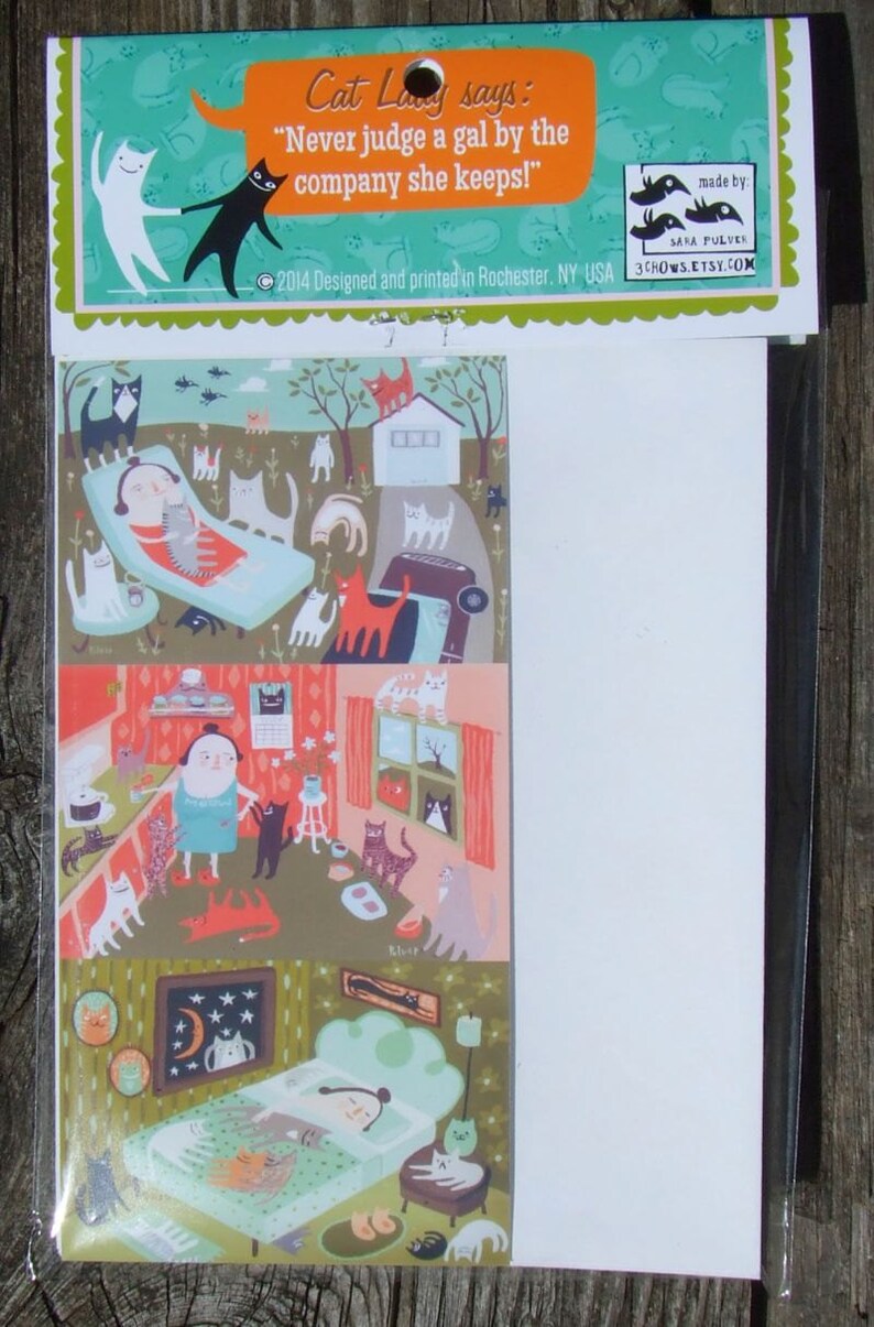 Cat Lady Card Set 4 Funny Whimsical Art Note Cards | Etsy