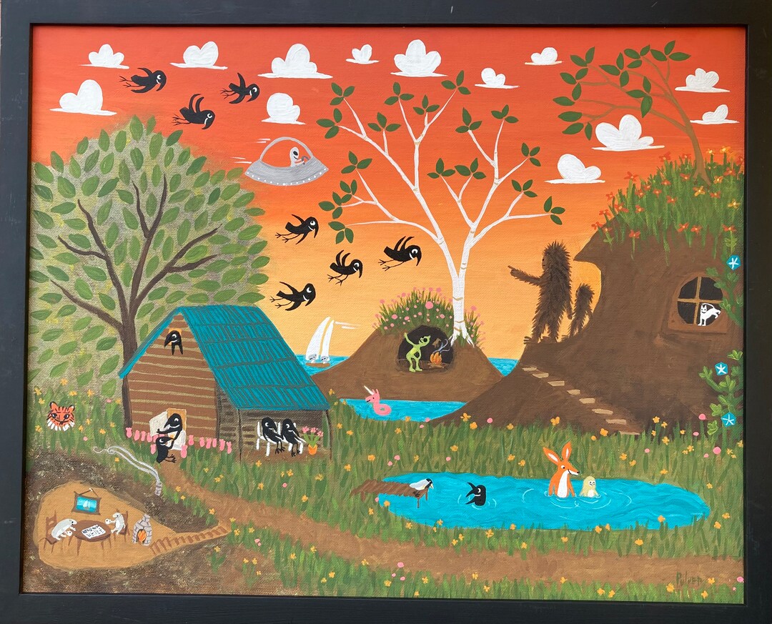 Piggyback Thrift Shop Art Painting - Framed Original Bigfoot UFO Alien ...