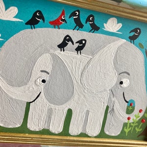 Elephants, Crows and a Cardinal Painting - Framed Original Mama & Baby ...