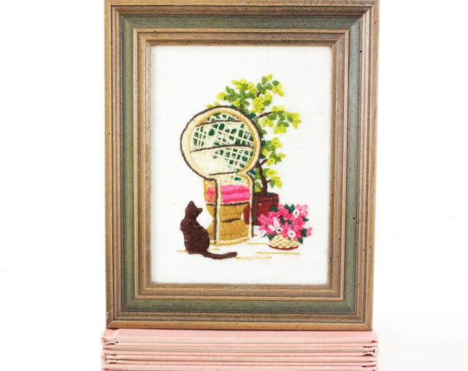 Vintage Crewel Artwork, Cat, Flowers, Chair, Framed Embroidery, Wall ...