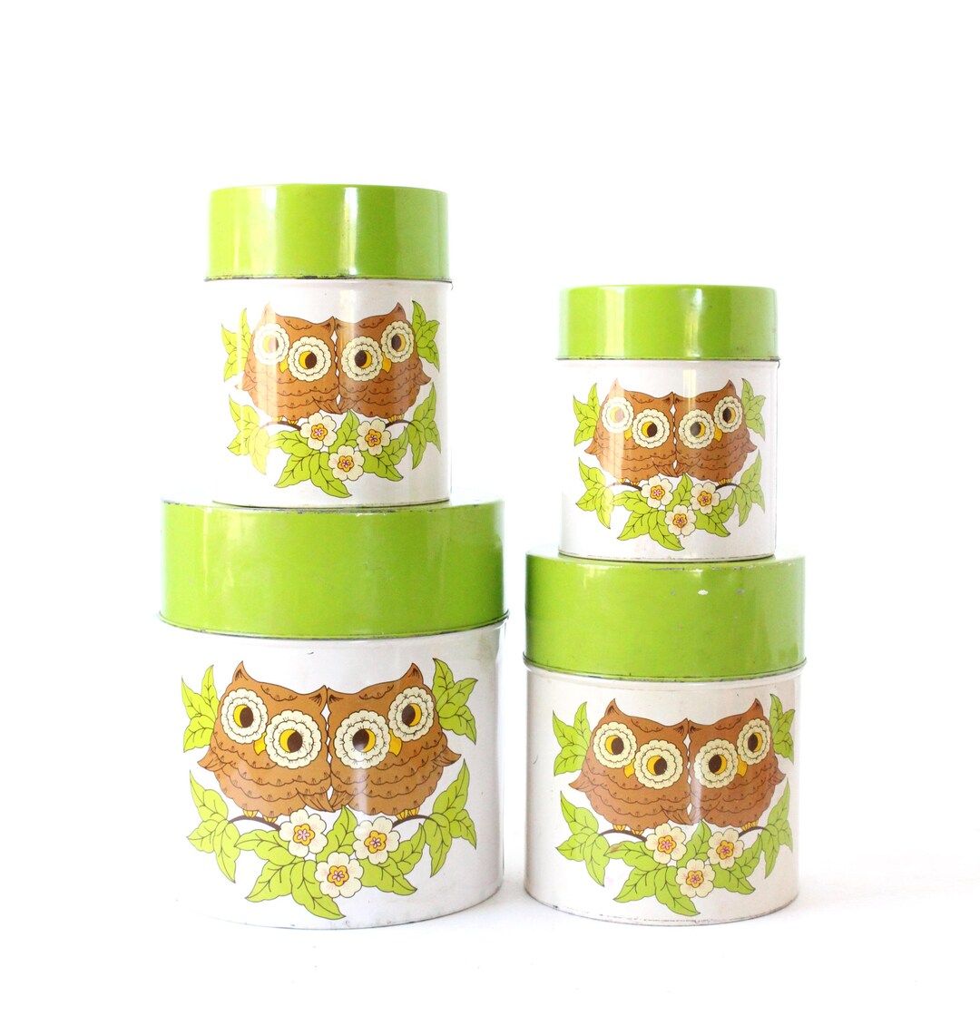 Vintage Owl Canisters, Set of 4, Green and White, Lorrie Designs Japan ...