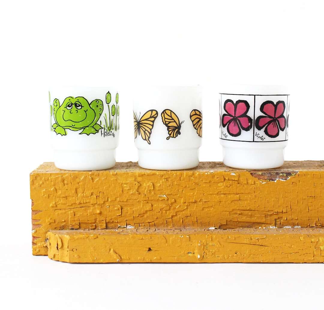 Vintage Mugs, Anchor Hocking Mugs, Milk Glass Mugs, Yellow Butterfly ...
