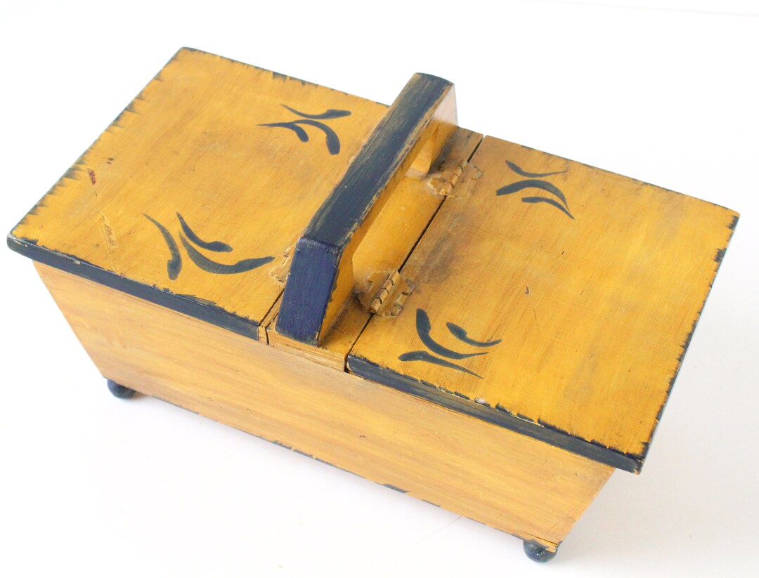 Vintage Sewing Box, Yellow Blue Box, Hand Painted Primitive Box, Cozy ...