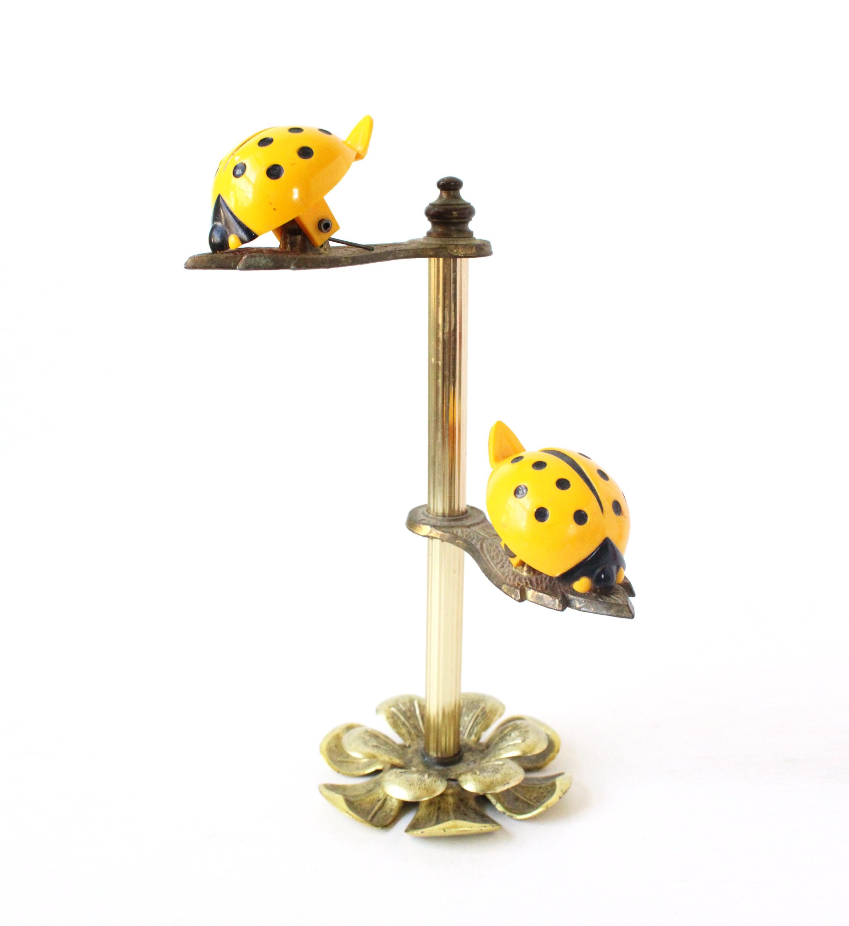 Vintage Ladybug Clip Stand: Yellow Ladybugs, Brass Base - Retro Office ...