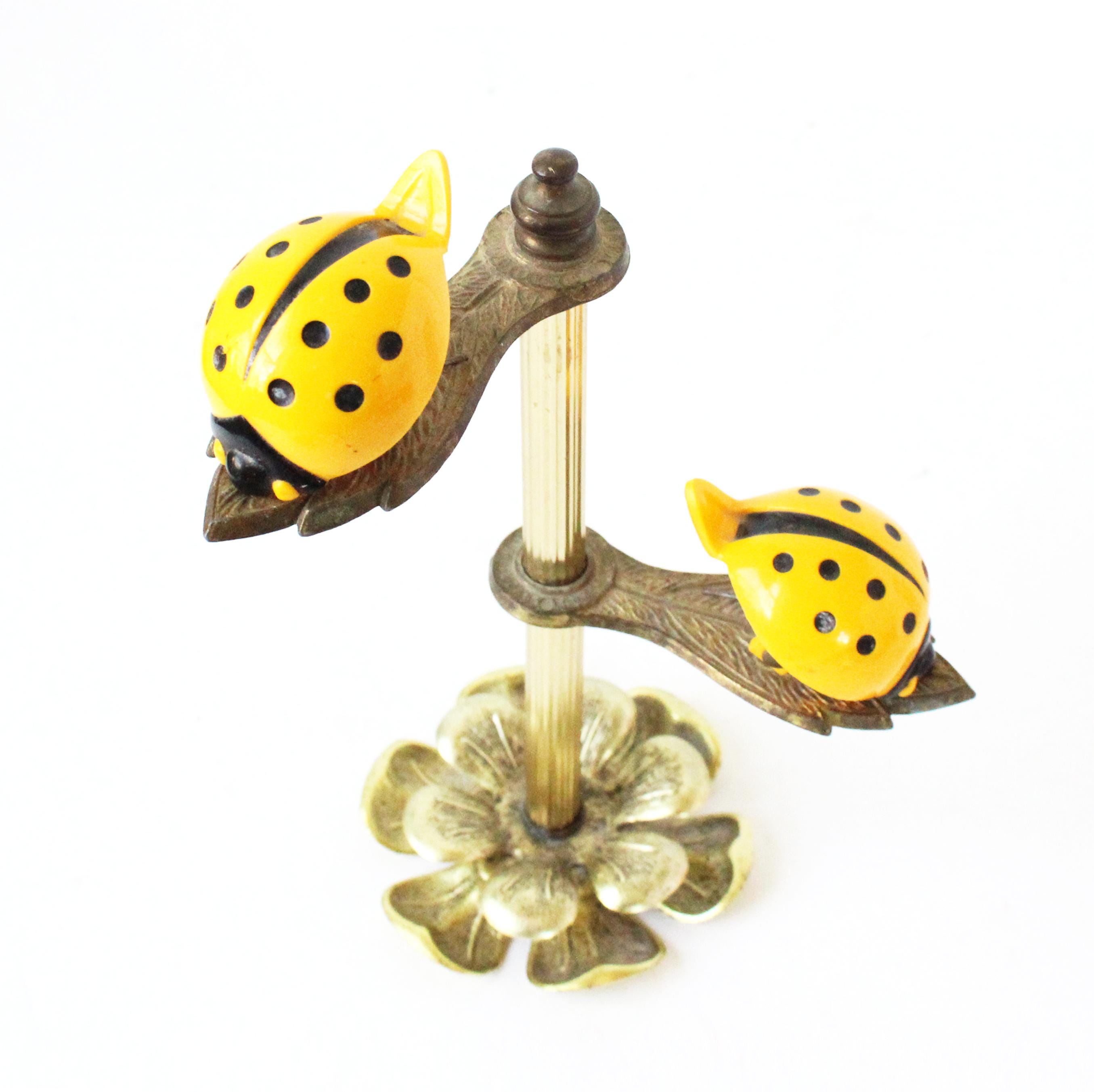 Vintage Ladybug Clip Stand: Yellow Ladybugs, Brass Base - Retro Office ...