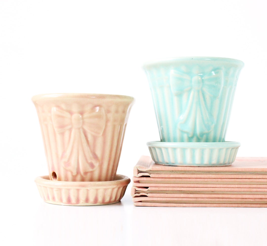 Vintage Bow Planters, Pink Bow Planter, Blue Bow Planter, Set of 2, Vintage Home Decor, Shawnee ...