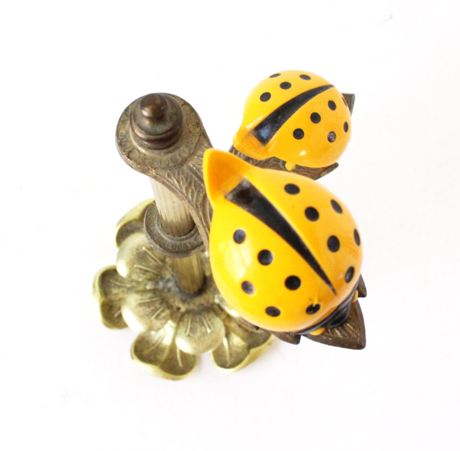 Vintage Ladybug Clip Stand: Yellow Ladybugs, Brass Base - Retro Office ...