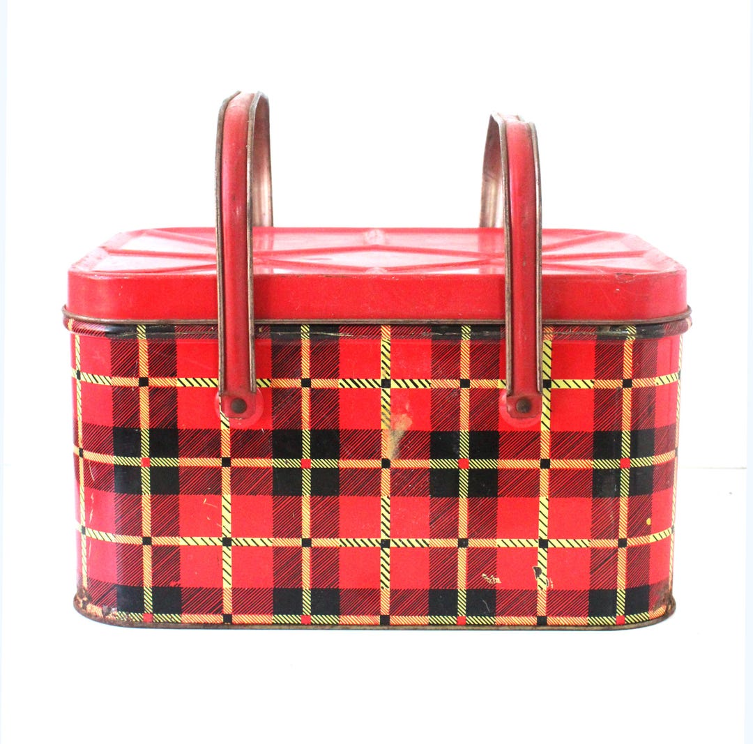 Vintage Plaid Tin, Plaid Picnic Basket, Red, Black and Yellow Plaid ...